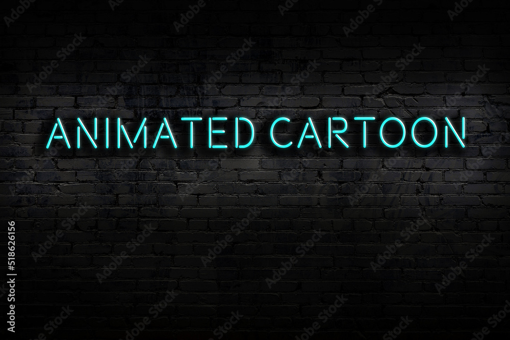 Night view of neon sign on brick wall with inscription animated cartoon ...