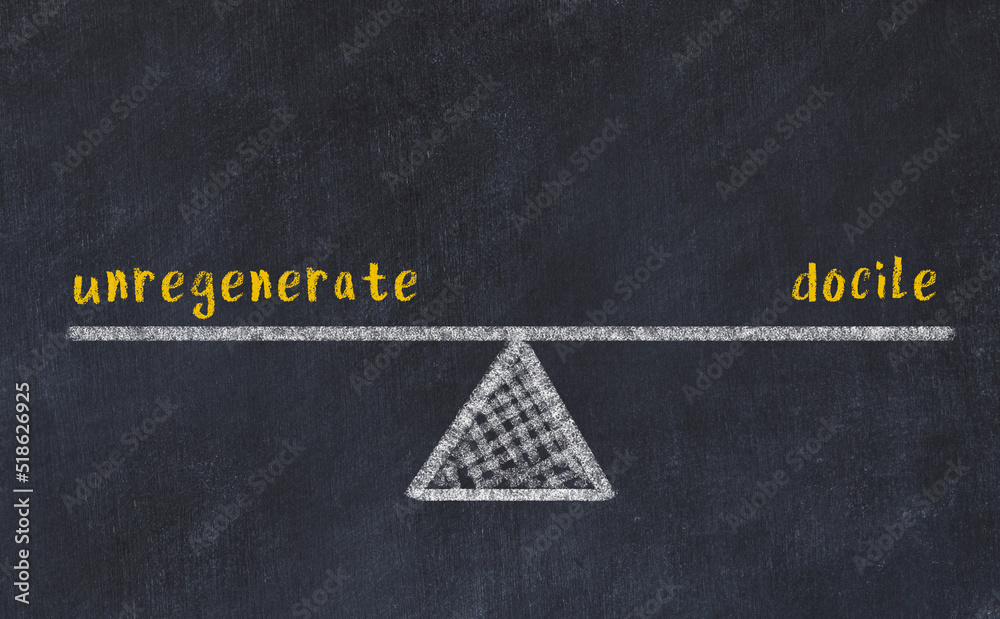 Chalk drawing of scales with words unregenerate and docile. Concept of ...