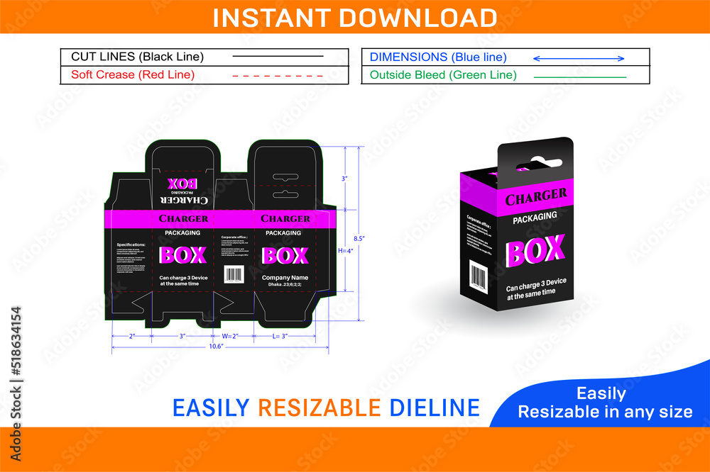 Box packaging design for mobile charger_Box dieline and 3D box Stock ...
