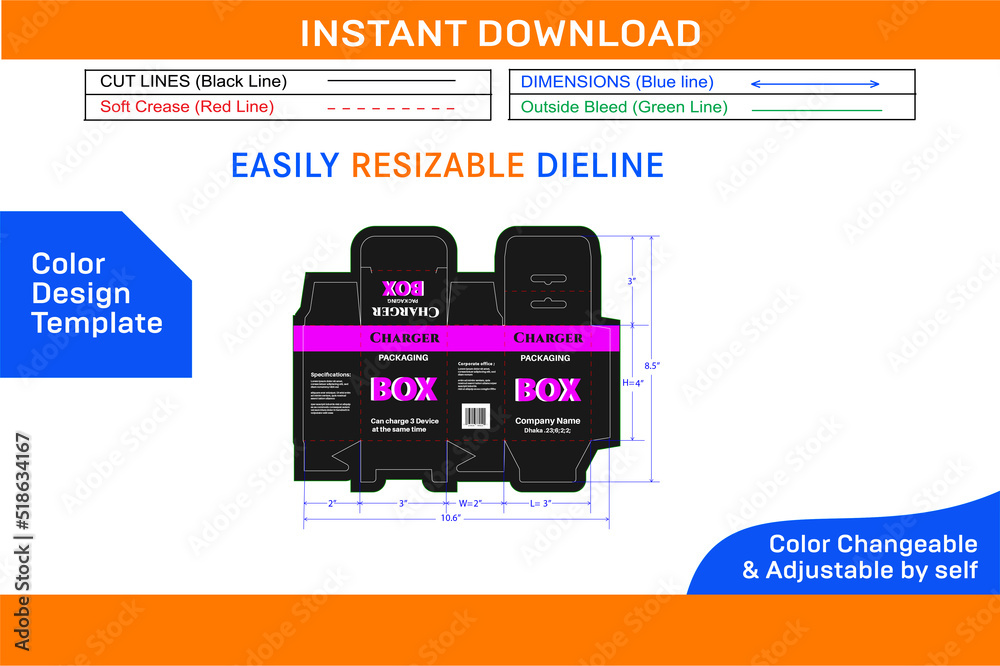 Box packaging design for mobile charger Color Design Template Stock ...