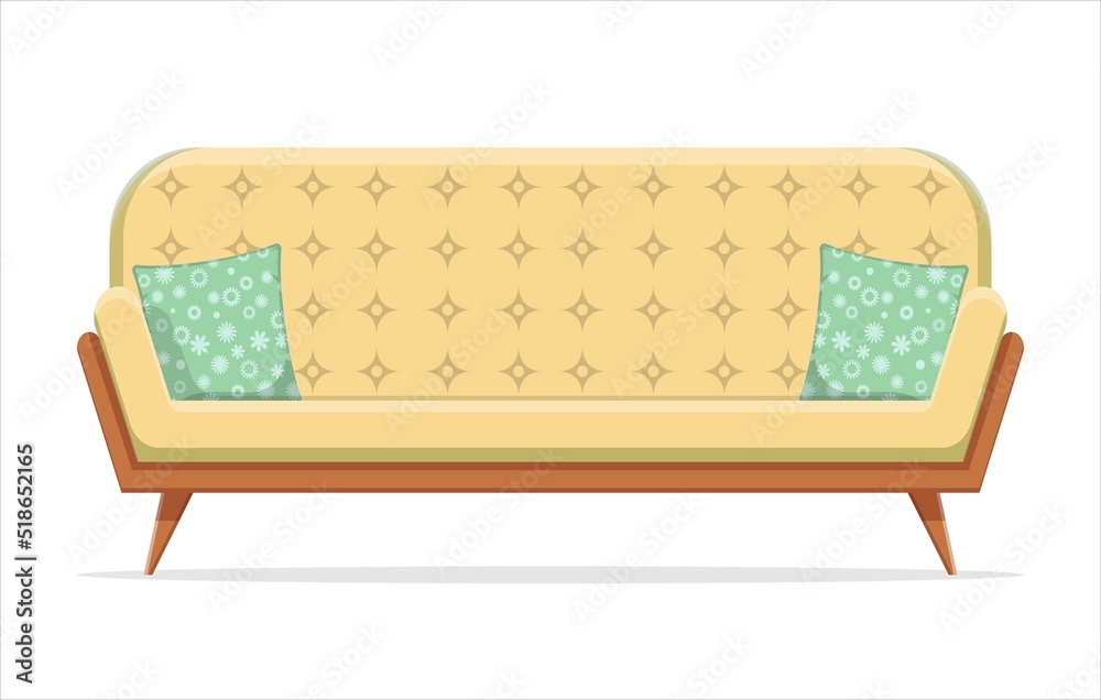 Yellow sofa and couch colorful cartoon illustration vector. Comfortable ...