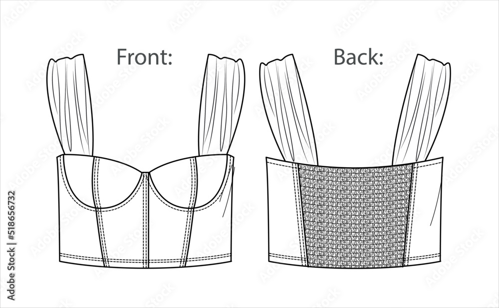 Vector woman strapless bra sketch, sleeveless blouse fashion CAD ...