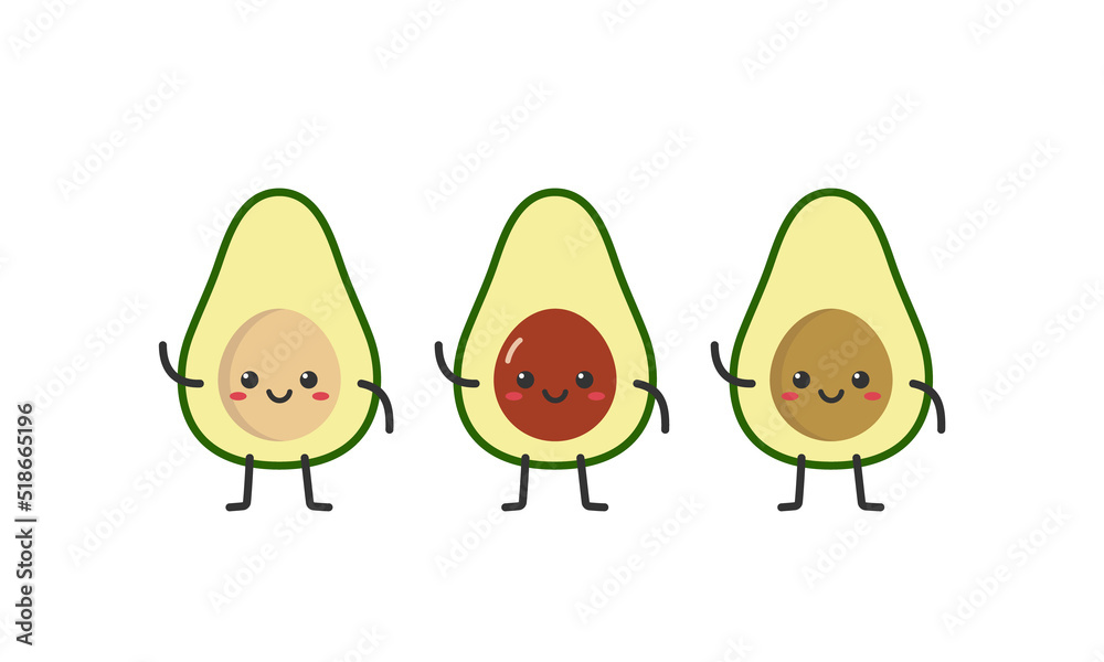 Three avocados cartoon character cute cheerful greeting smiling face ...