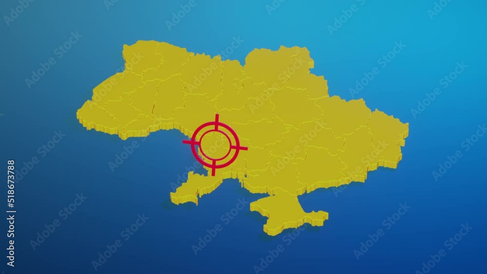 Map of Ukraine with highlighted regions on blue background. Sight fly ...
