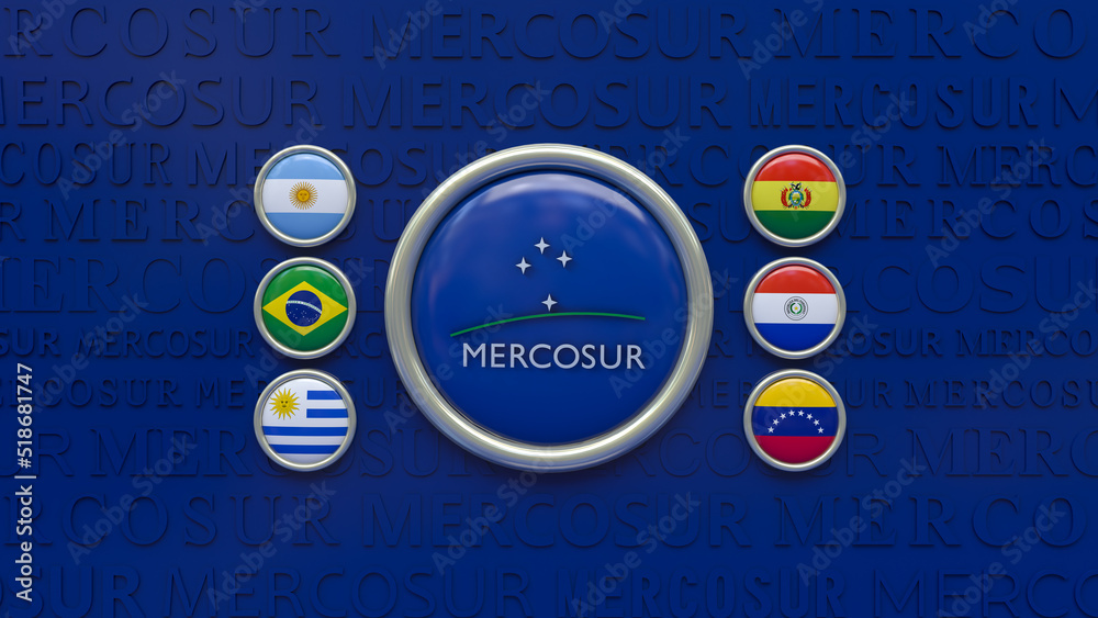 3d rendering of a big badges with the flag of the Mercosur surrounded ...