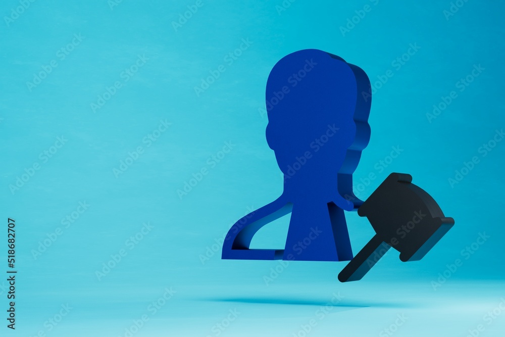blue icon of a judge with a black gavel in his hands on a blue ...