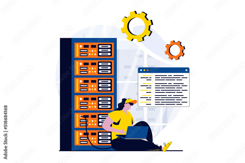 Server maintenance concept with people scene in flat cartoon design ...