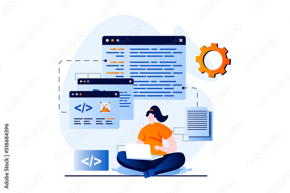 Software development concept with people scene in flat cartoon design ...