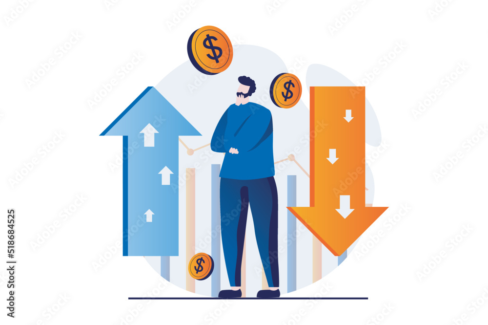 Stock market concept with people scene in flat cartoon design. Man ...