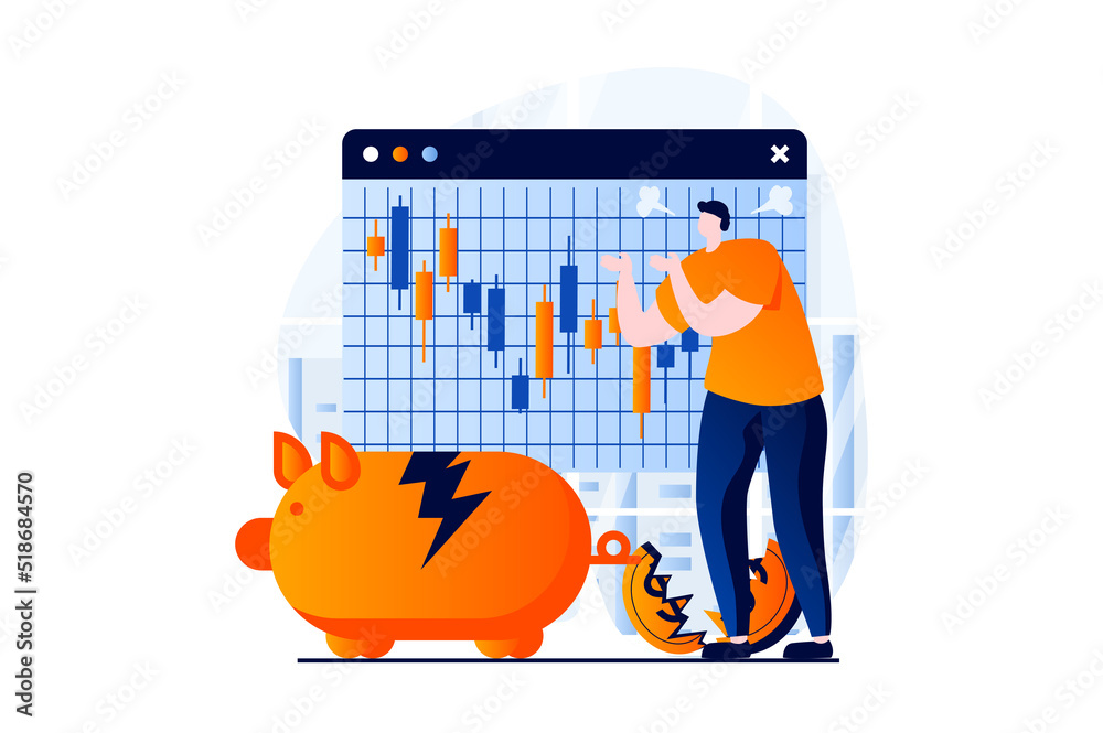 Stock market concept with people scene in flat cartoon design. Man ...