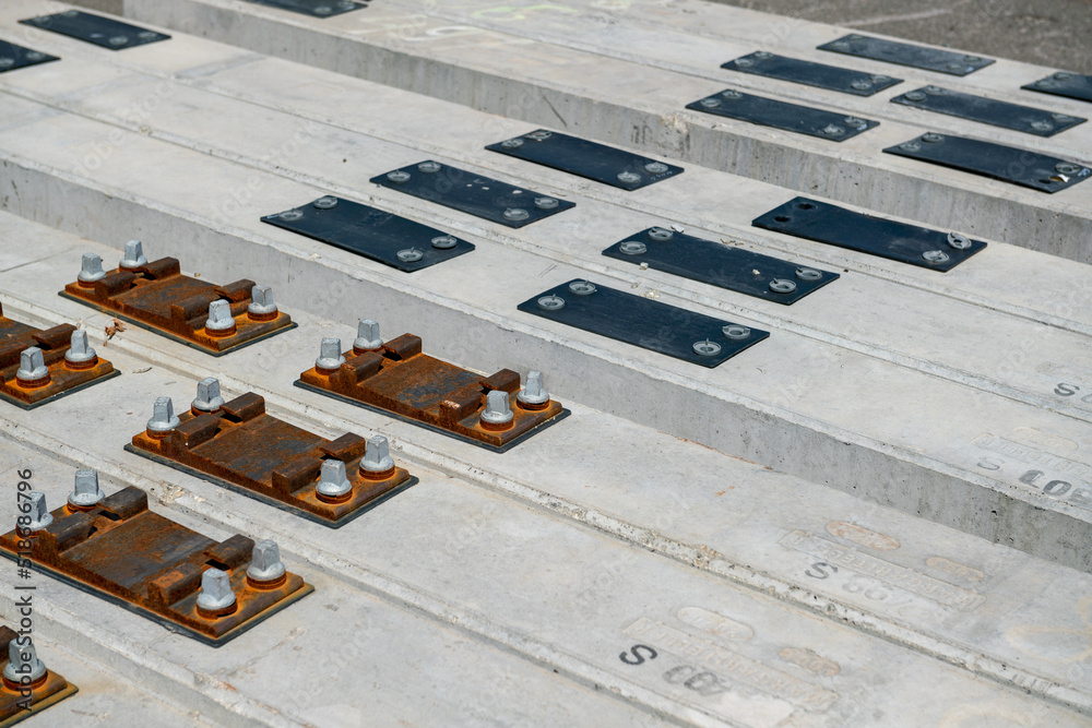 Railway infrastructures: stack of concrete railway sleepers, for ...