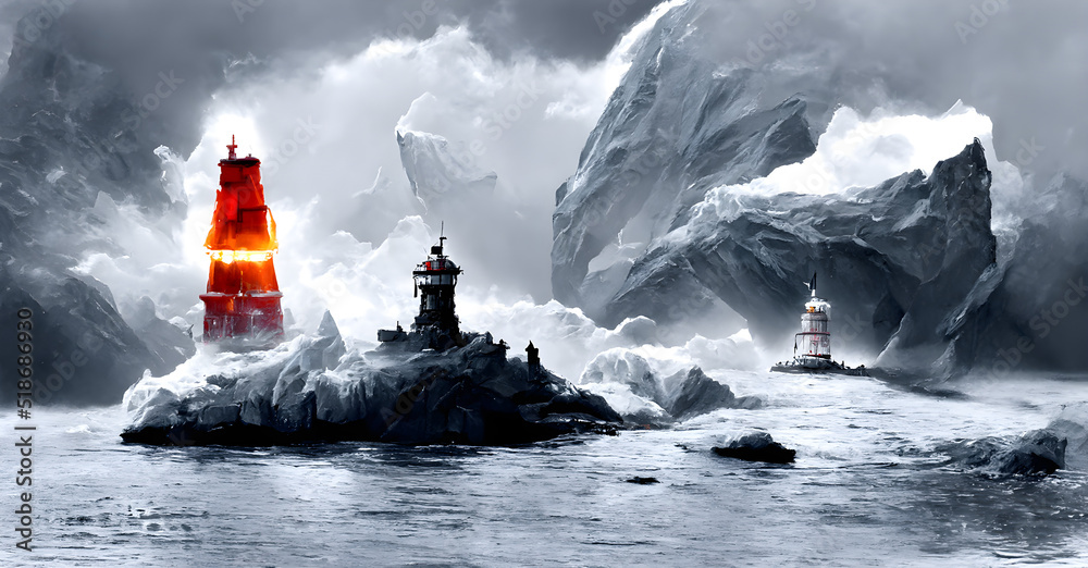 Lighthouse in a storm on a sinking iceberg Stock-Illustration | Adobe Stock