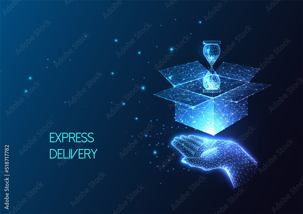 Fast, express, courier delivery concept with hand holding parcel box ...