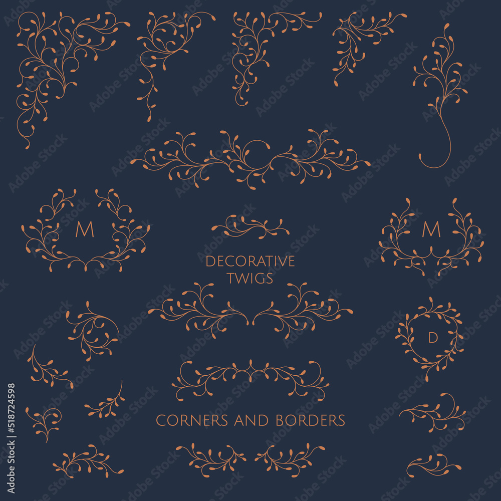 Collection of corners, borders, frames, monograms of decorative twigs ...