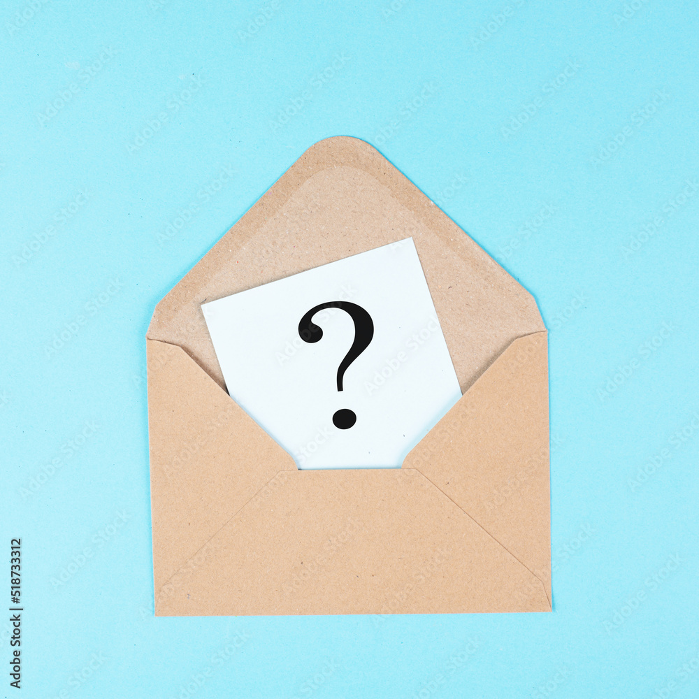 Question mark on a paper in an envelope, education and business concept ...