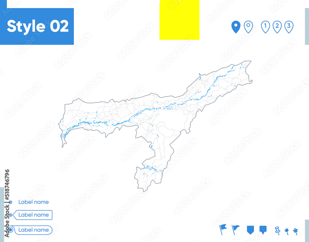 Assam, India - stroke map isolated on white background with water and ...