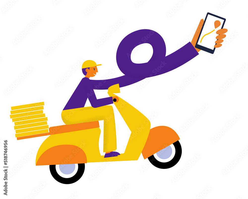 Young man on motorbike. Delivery courier boy with long hand holding ...