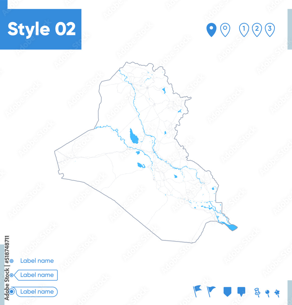 Iraq - stroke map isolated on white background with water and roads ...