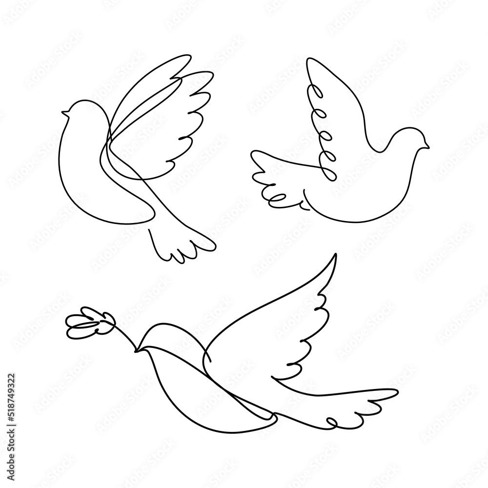 Dove set in continuous line drawing. Sketchy pigeon profiles. Outline ...