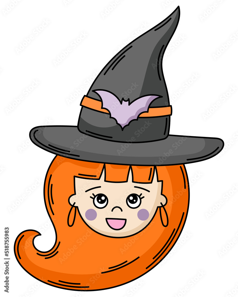 Cute witch face with ginger hair vector illustration. Funny cartoon ...