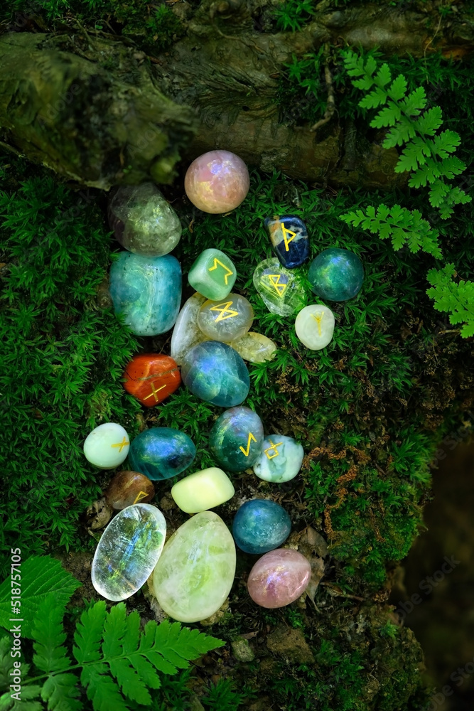 Rune stones with symbols on abstract dark natural forest background ...