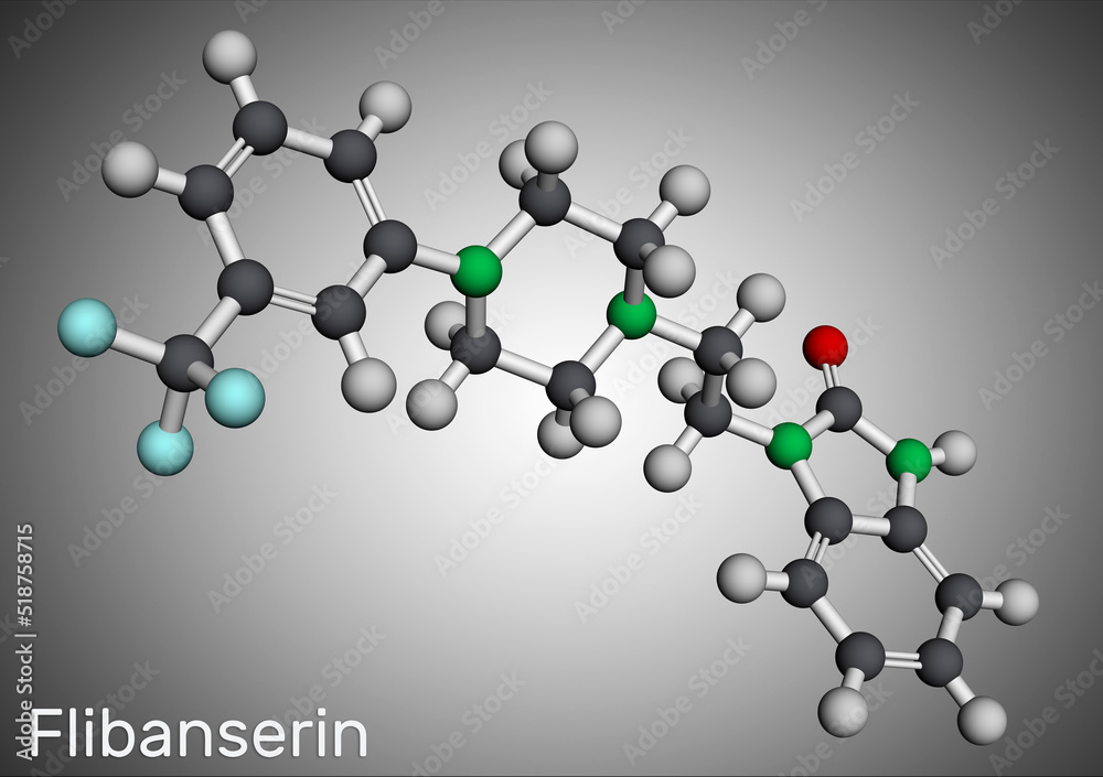Flibanserin molecule. It is serotonergic antidepressant used to treat ...
