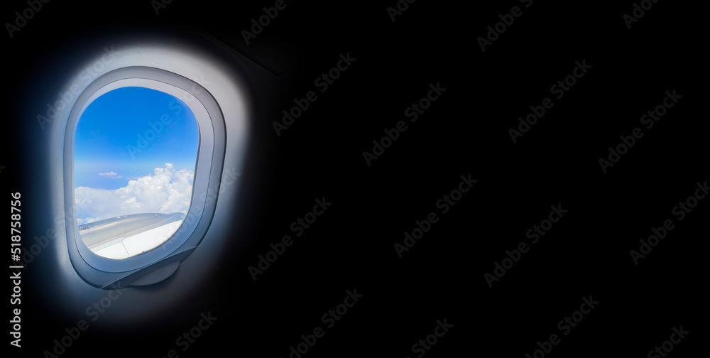 Bull's eye view on beautiful sky, black background. View from airplane ...
