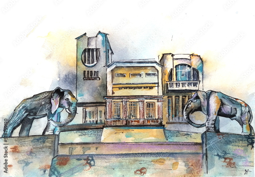 Watercolor and ink sketch of city building, hand drawn houses, urban ...