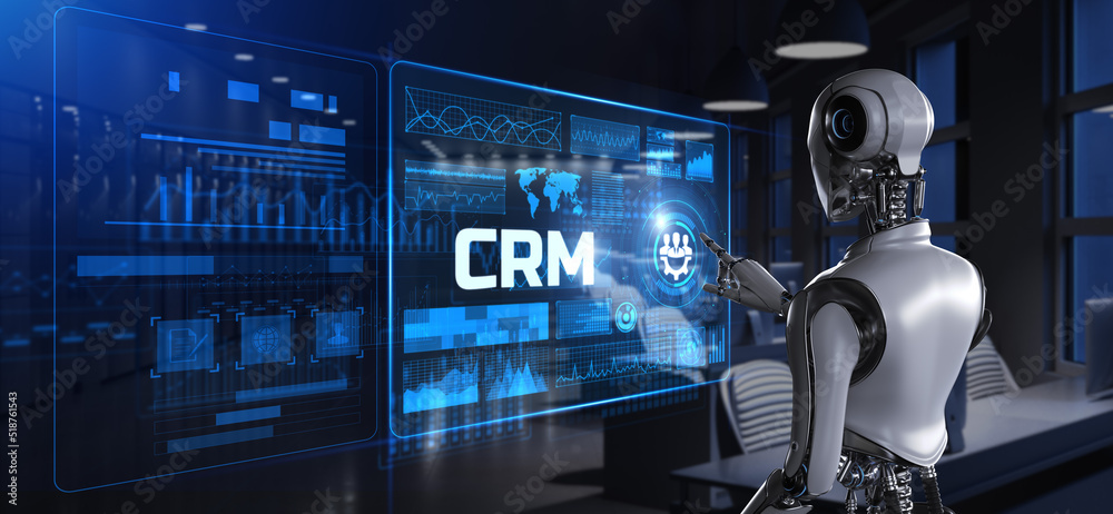 CRM customer relationship management automation RPA concept. Robot ...