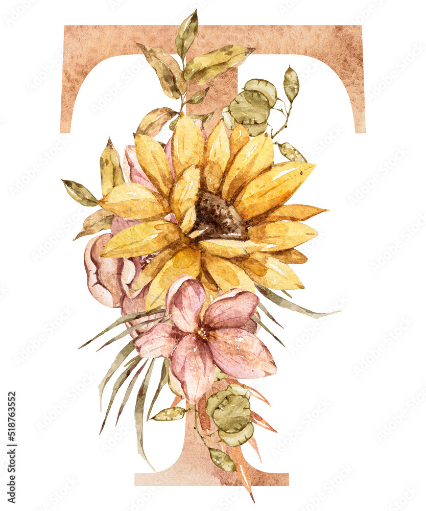 Watercolor floral sunflower bouquets alphabet monogtram letter T. Hand ...