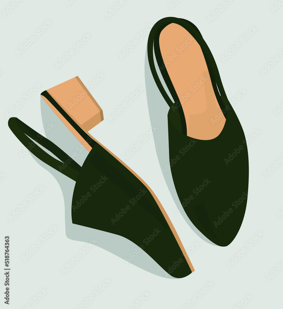 Vector flat image of women's shoes with a closed toe on a belt. Green ...