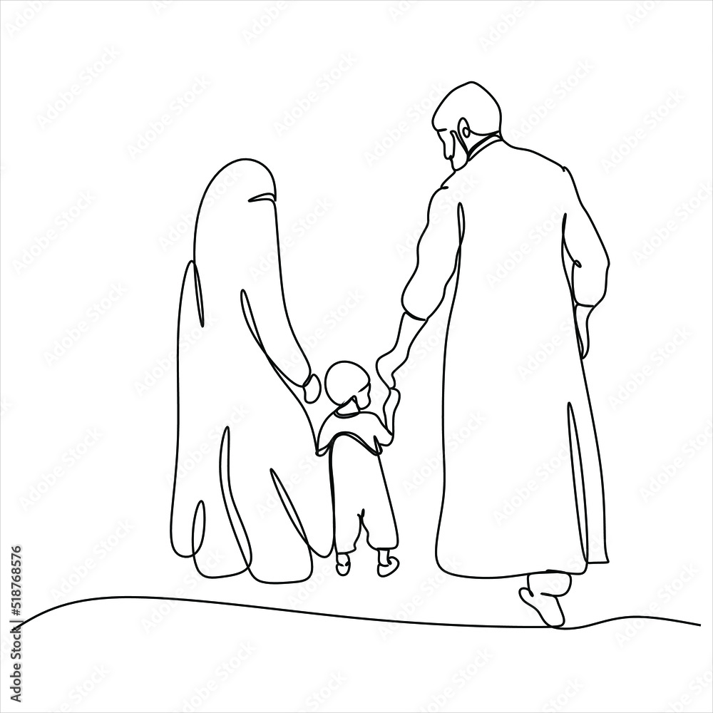 Arabian family mom, dad and son walking together. Islamic muslim happy ...