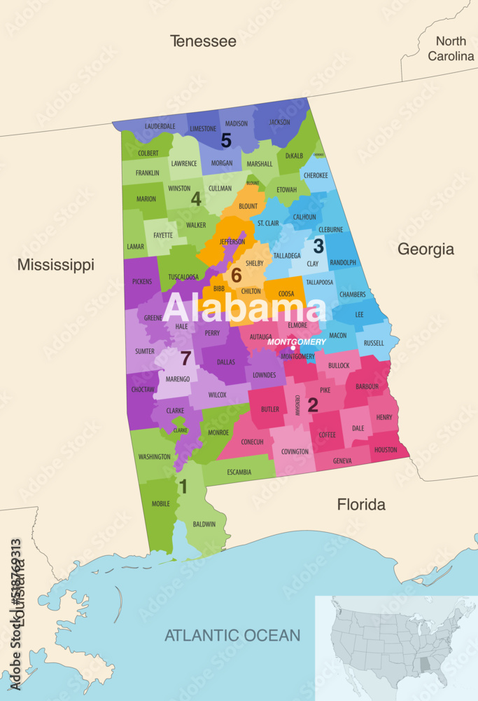 Alabama state counties colored by congressional districts vector map ...