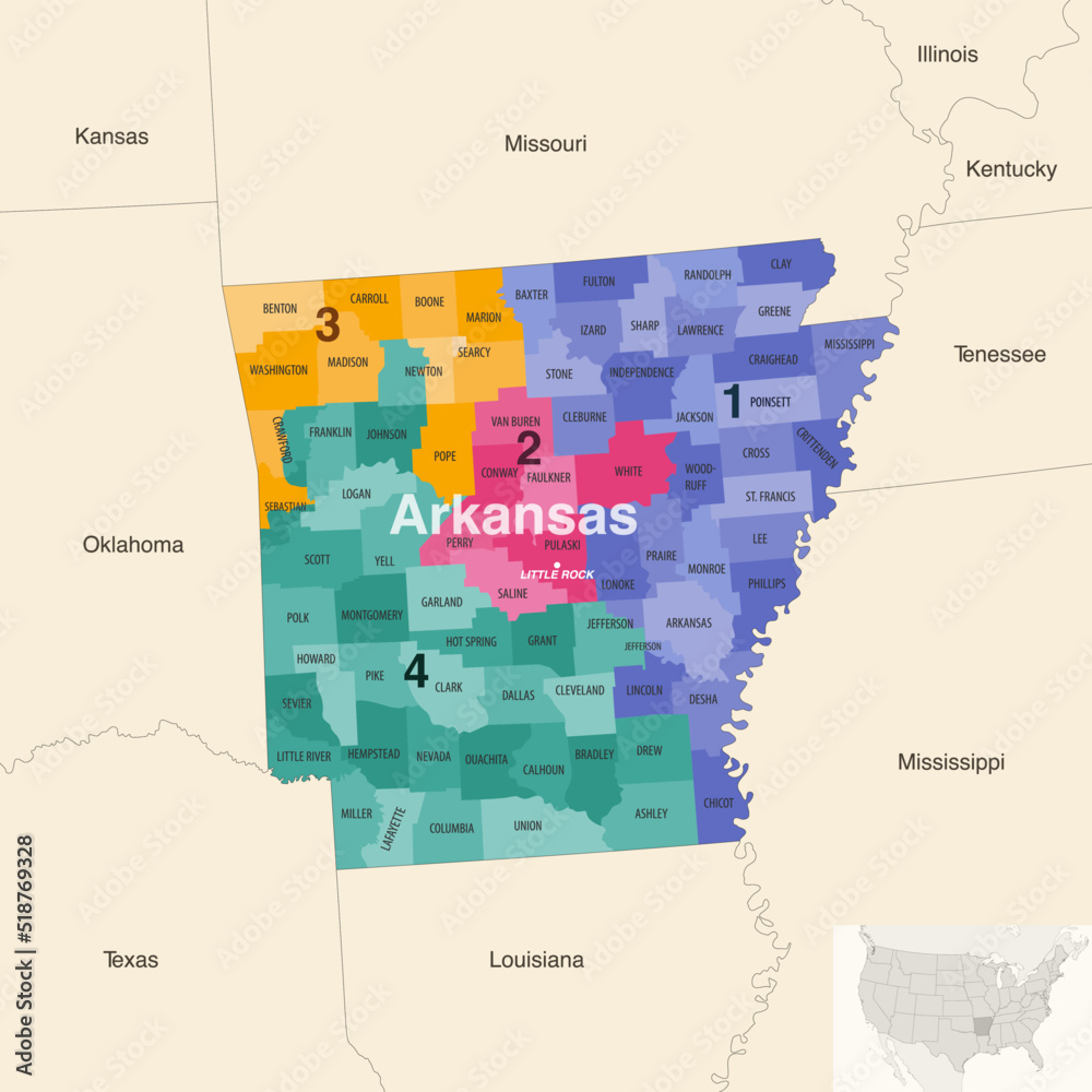 Arkansas state counties colored by congressional districts vector map ...