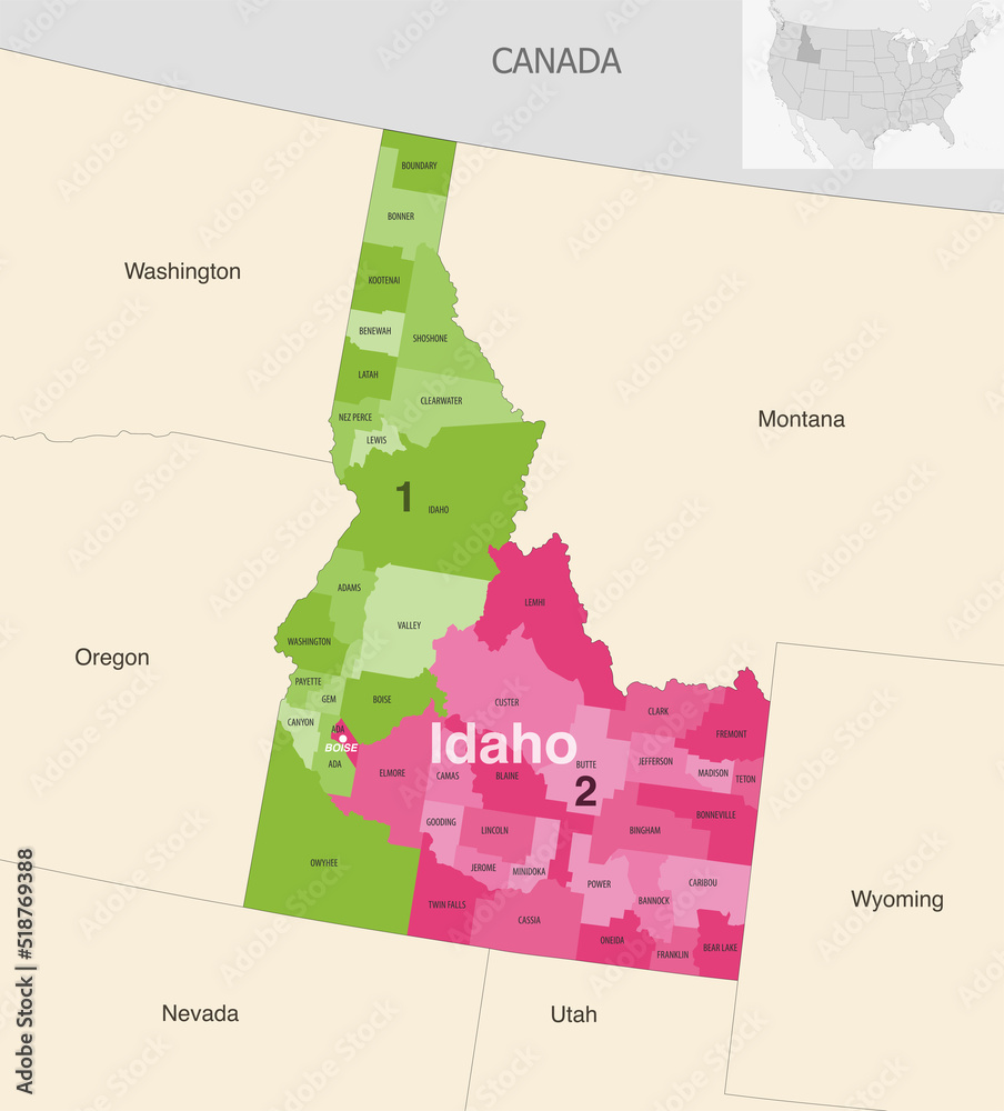 Idaho state counties colored by congressional districts vector map with ...