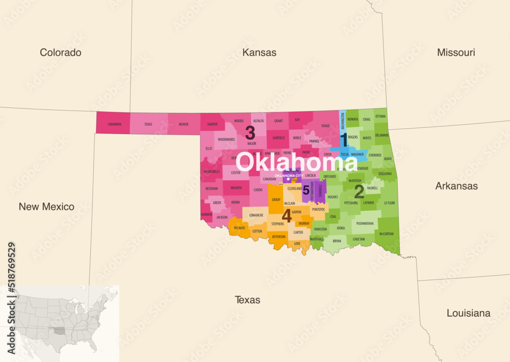 Oklahoma state counties colored by congressional districts vector map ...