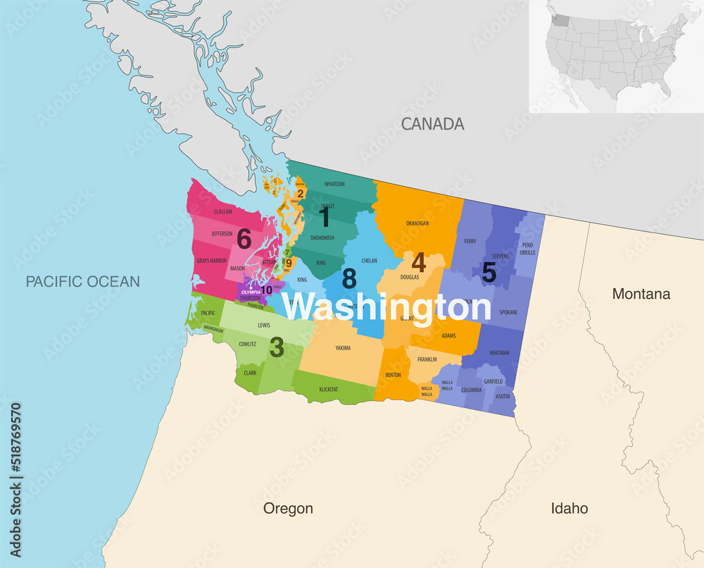 Washington state counties colored by congressional districts vector map ...