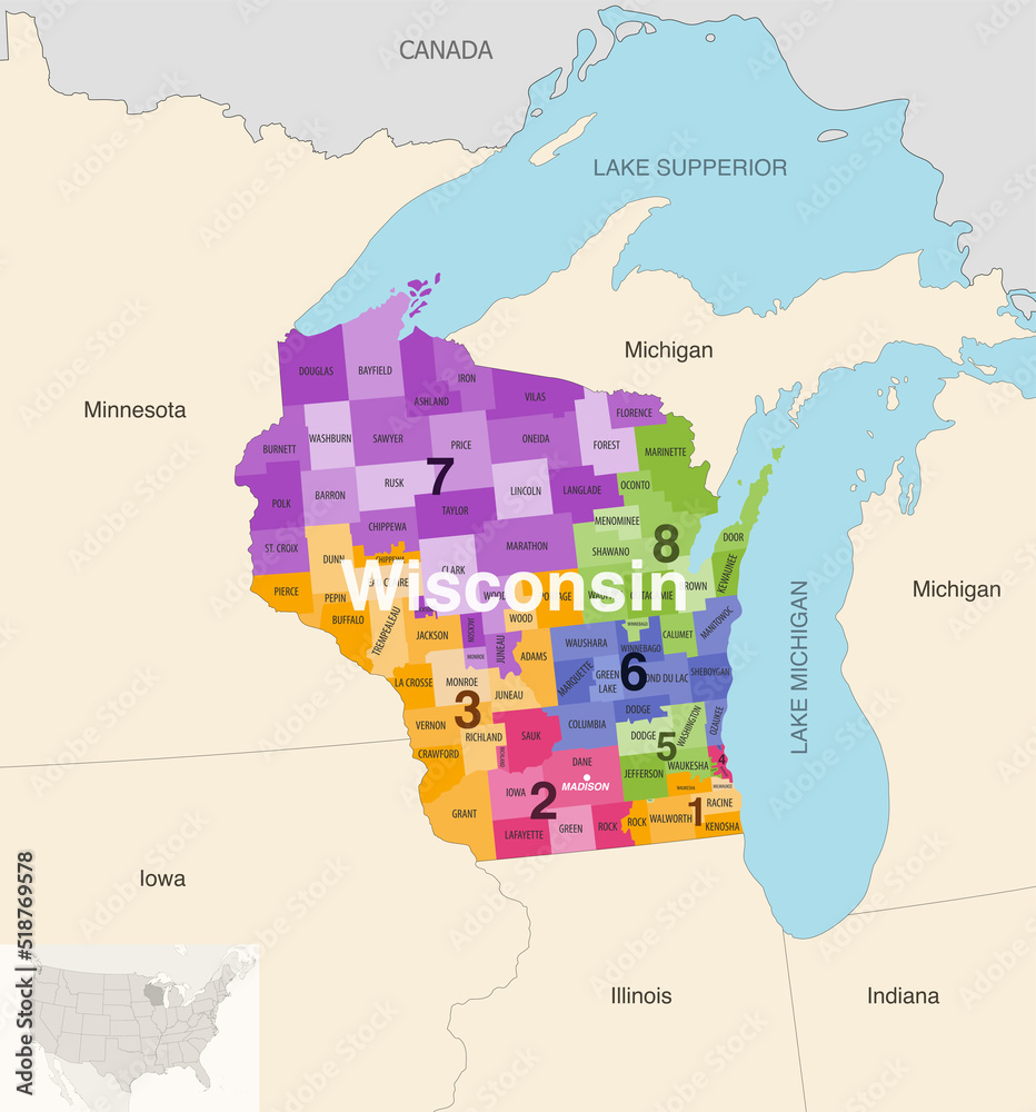 Wisconsin state counties colored by congressional districts vector map ...