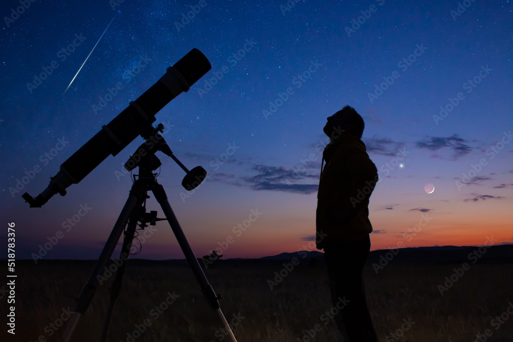 Man with astronomical telescope observing night sky, under the Milky ...