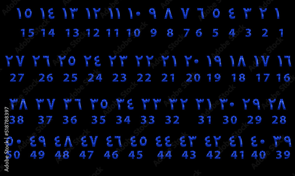 Arabic numbers from one to fifty in blue color letters and black ...