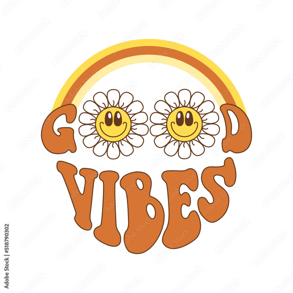 Retro groovy daisy with smile flowers sticker and quote good vibes on ...