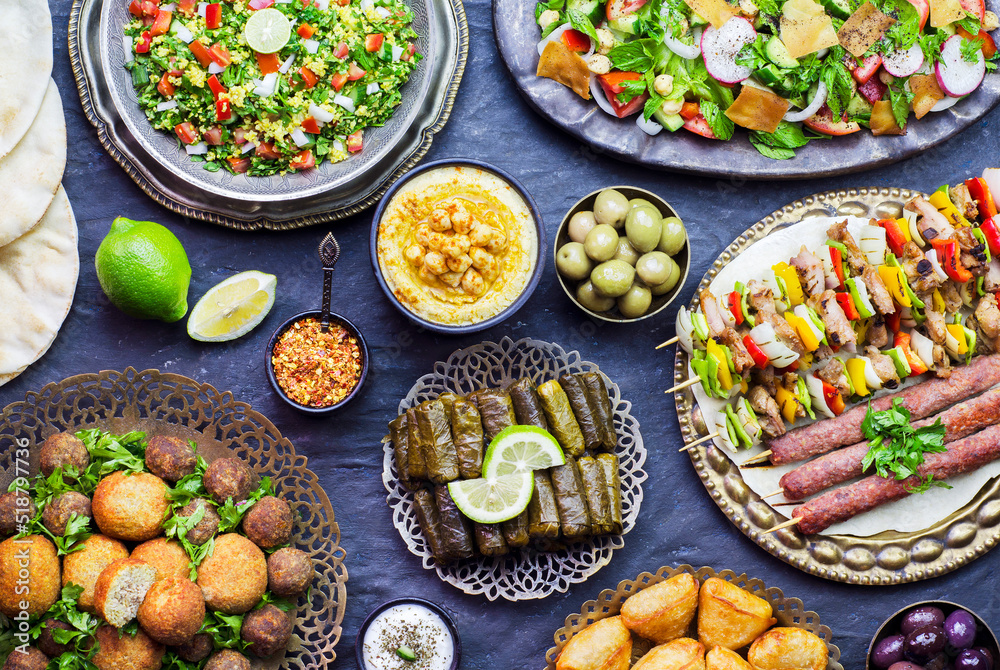 Arabic cuisine; Middle Eastern traditional dishes. Stuffed vine leaves ...