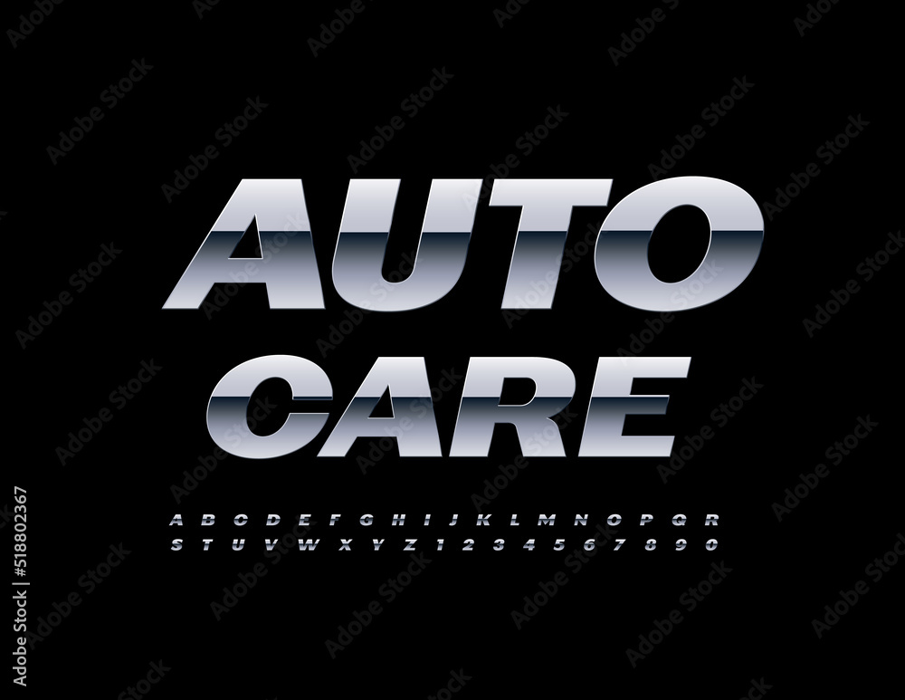 Vector metallic logo Auto Care. Modern Silver Font. Chrome Alphabet ...
