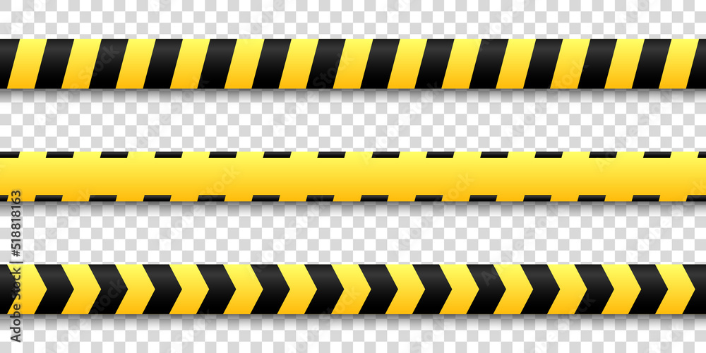 Caution set of yellow warning tapes. Black and yellow striped line ...