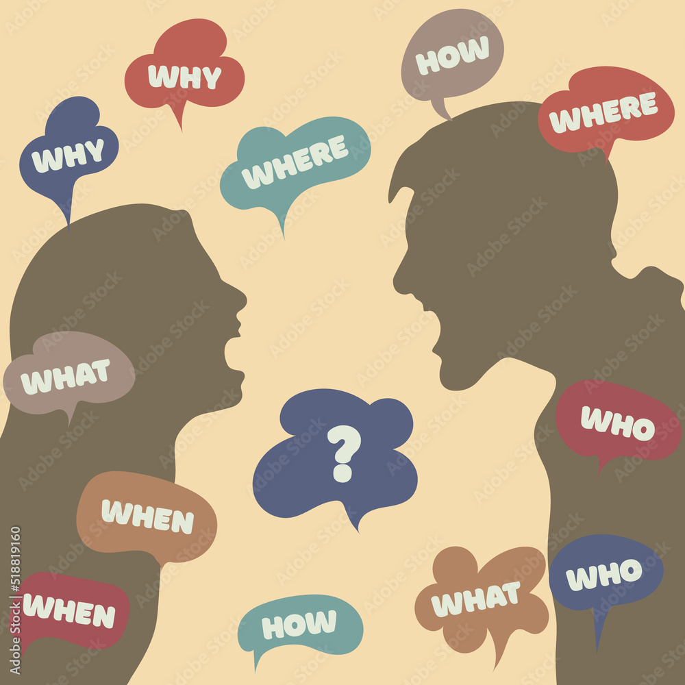 Who What Where When Why Questions In Speech Bubbles A Man And A Woman who-what-where-when-why-questions-in-speech-bubbles-a-man-and-a-woman