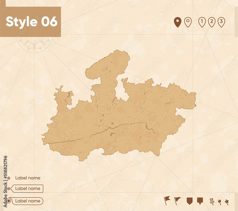 Madhya Pradesh, India - map in vintage style, retro style map, sepia ...