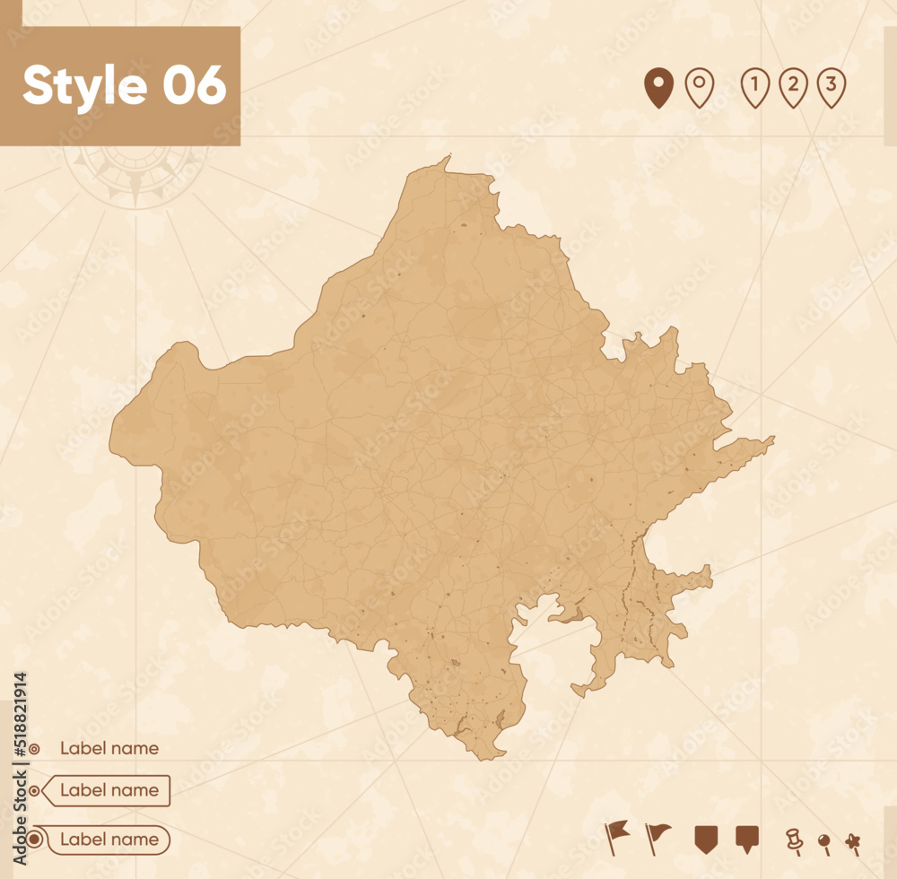 Rajasthan, India - map in vintage style, retro style map, sepia ...