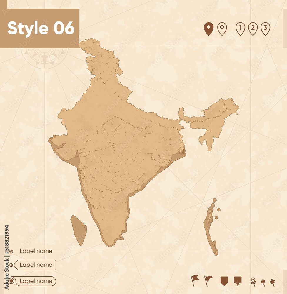 India - map in vintage style, retro style map, sepia, vintage. Vector ...