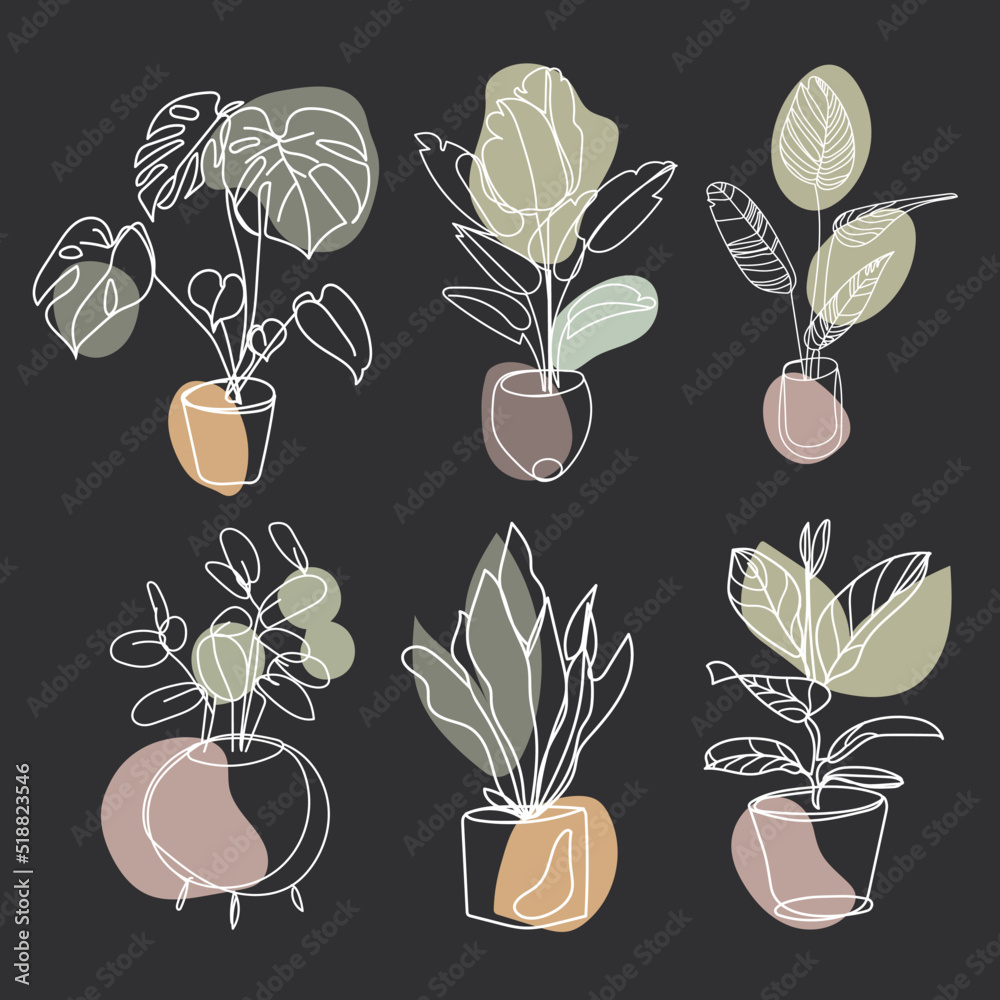 Indoor house plants Line drawing on dark background vector set ...