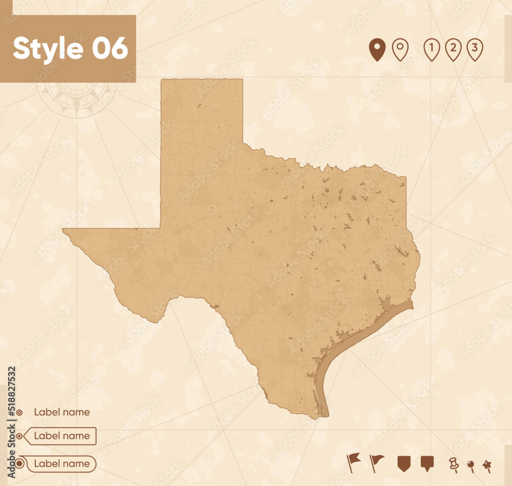 Texas, USA - map in vintage style, retro style map, sepia, vintage ...